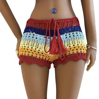 Generic Bas de bikini tricoté au crochet pour femme - Short dété avec cordon de serrage - Taille haute - Pantalon de plage, Rouge, 95