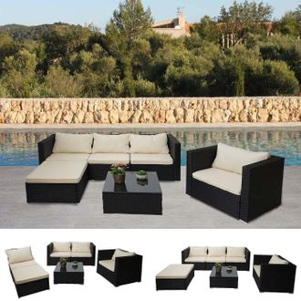 Mendler Poly-Rattan-Garnitur Brescia, Gartengarnitur Sitzgruppe Sofa Lounge-Set - schwarz, Kissen Creme