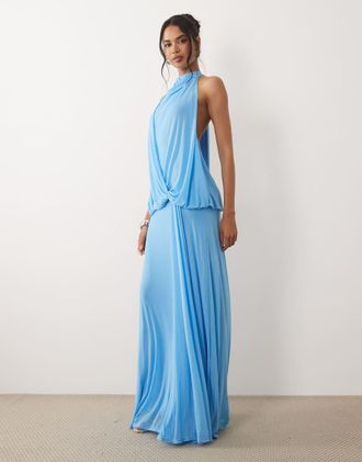 Asos Robe longue drap&eacute;e &agrave; dos nu en tulle - Bleu