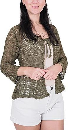 Mimosa Femme Bolero Cardigan au Crochet Popcorn Plaine Etendue Résille Haussement Dépaules (Taille Unique, Olive Cardigan)