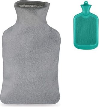 Relaxdays Wärmflasche, 2 Liter, mit Bezug, Kinder & Erwachsene, Gummi, Bettflasche mit Schraubverschluss, türkis/grau