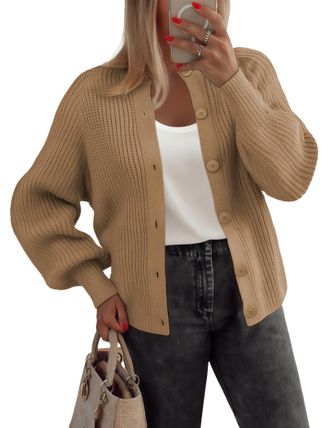 Zeagoo Strickjacke Damen Herbst Cardigan Elegant Rundhalsausschnitt Strickjacken Kurz Langarm Grobstrick Cardigan Winter Casual Open Front Sweater Khaki M