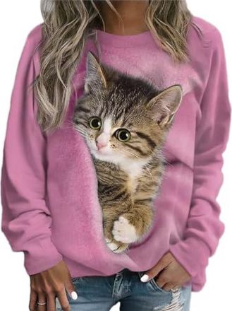 Onsoyours Femme Pull Chat Imprim&eacute; Animal Imprim&eacute; 3D Motif De Chat Sweat Col Rond &Agrave; Manches Longues Color Block Patchwork Pullover Tops Mode Sweat-Shirt Blouse 0