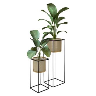 ML Design ML-Design Blumenst&auml;nder 2er Set, Schwarz-Gold, 21x21x47/25x25x71 cm, aus Stahl, Blumentopfst&auml;nder mit &Uuml;bertopf, Metall Pflanzenst&auml;nder, Blumentopfhalt