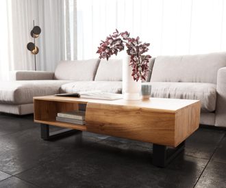DELIFE Couchtisch New Live-Edge 115x60 cm Akazie Natur 2 Schubladen 1 Fach Kufe Metall Schwarz, Couchtische, Baumkantenm&ouml;bel, Massivholzm&ouml;bel, Massivholz