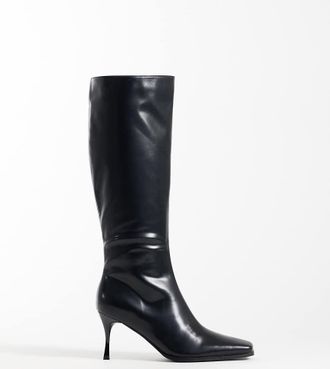 Glamorous kniehohe Stiefel mit Absatz, eckiger Zehenpartie, in Schwarz aus PU