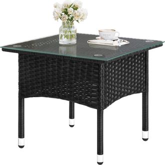 Woltu Polyrattan Beistelltisch, Balkontisch klein, Gartentisch wetterfest, eckig, mit Glasplatte, für Balkon Terrasse Garten, 50x45,5x50 cm, Schwarz