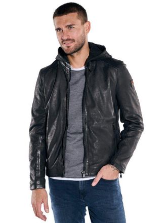 Emilio Adani Lederjacke Herren Lederjacke mit abnehmbarer Kapuze, Schwarz