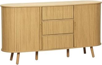 Sweeek Buffet scandinave Ovale 2 Portes coulissantes. 4 Compartiments. 3 tiroirs. d&eacute;cor Bois rainur&eacute;. Teinte Naturelle. L 150 x P 40 x H 79cm