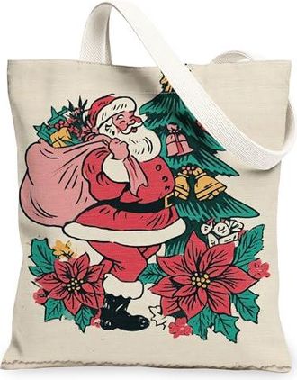 Generic Sacs fourre-tout en toile motif P&egrave;re No&euml;l vintage, r&eacute;utilisables, motif floral festif, l&eacute;ger, lavable, beige, 13x15 Inch