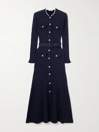 Self Portrait Robe Midi En Mailles Côtelées À Ceinture - Bleu