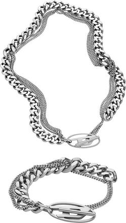 Diesel Herren Oval D Logo Halskette und Armband aus silberfarbenem Edelstahl, Set