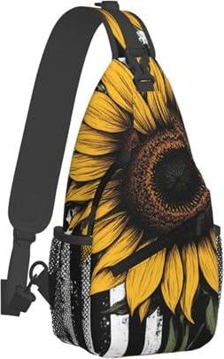 Generic Multifonction Sacoche Homme Bandouliere Drapeau am&eacute;ricain &agrave; fine ligne noire et art du tournesol Sac De Poitrine Durable Sac DEpaule pour Femme Randon