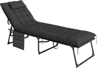 OUTSUNNY Bain de soleil transat pliable inclinable avec poign&eacute;e, pochette rangement et matelas grand confort noir
