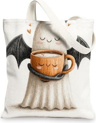 Generic Sacs fourre-tout en toile motif fantôme mignon, adorable motif dessin animé, sacs dépicerie réutilisables, légers et lavables en toile avec bandoulièr