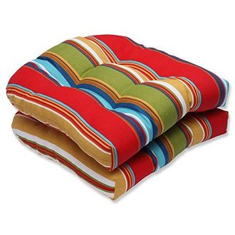 Pillow Perfect Gestreiftes Sitzkissen für drinnen und draußen, getuftet, Wetter- und lichtbeständig, 48,3 x 48,3 cm, Rot/Blau, Westport, 2 Stück
