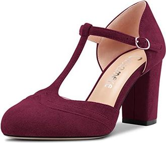 Castamere Femmes Bloc Chunky Haut High Talon Heel Rond Bout Escarpins T-Strap Boucle Mariage Bureau 8.5 CM Heels Bourgogne Rouge 37 EU