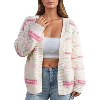 Generic 2026 Printemps Femmes Automne/Hiver Cardigan Tricot Ray&eacute; - Pull Ample D&eacute;contract&eacute; pour un usage quotidien, Rouge, XL