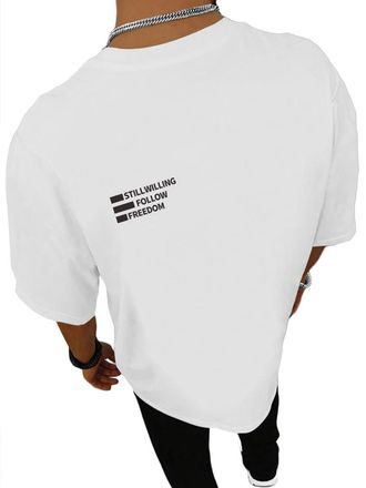 TOMWELL Oversized Tshirt Herren Rundhals Kurzarm Lose Sommer Oberteile Mode T-Shirt mit Backprint Vintage Drucken Streetwear Sport Casual Lang Tops D Wei&szlig; XXL