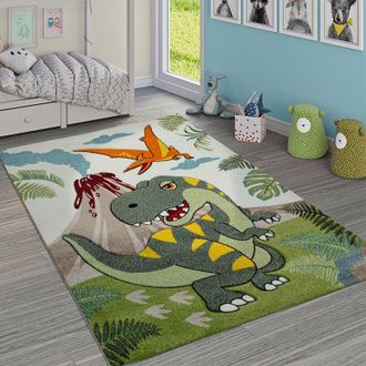 Paco Home Paco Home - Tapis Chambre Enfant Adorable Dinosaures Jungle Volcan Effet 3-D Poils Ras Vert 200x290 cm