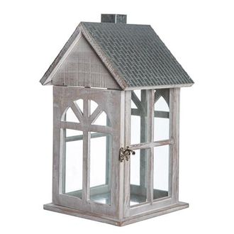 Gilde Laterne Branco aus Glas - Holz und Metall - Hausform - Höhe 39cm - silberfarben und weiß