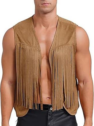 Generic Gilet de cowboy rétro pour homme, gilet ouvert sur le devant, marron - Gilet en cuir pour homme - Veste en daim sans manches avec pompons, gilet sans 