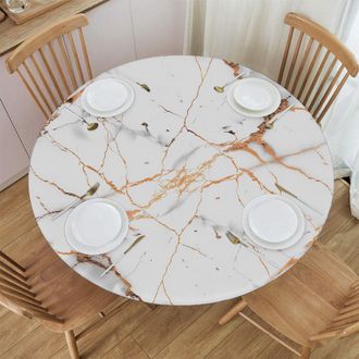 TropicalLife Wasserdichte, runde Tischdecke, elastisch, für 114 - 127 cm große Tische, Outdoor, schmutzabweisend, weißer Marmor-Tischbezug, abwischbar und waschbar