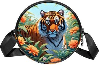 Generic Petit sac &agrave; bandouli&egrave;re rond pour femme, motif fleur de tigre, sac &agrave; dos avec fermeture &eacute;clair, bretelles r&eacute;glables, sac &agrave; main rond d&eacute;contract&eacute; pour 