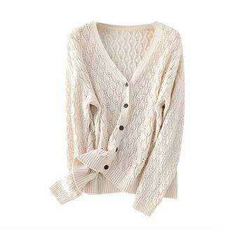 Generic Cardigan de printemps 100 % coton style cor&eacute;en &eacute;pais col en V &agrave; manches longues pour femme, beige, Taille M
