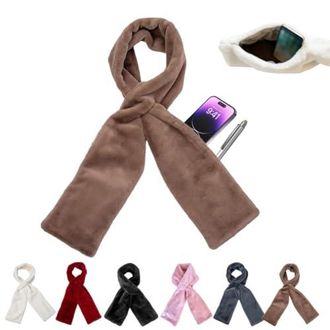 Generic Faux Fur Scarf with Hidden Zipper Pocket for Women Men,Soft Cozy Warm Pocket Scarf for Hands-Free Storage Phone,Valuables (Brown, One Size)
