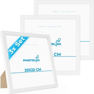 Photolini Bilderrahmen 20x20 Weiß MDF-Holz, 3er Set Poster-Rahmen, bruchsicheres Acrylglas, zum Aufhängen & Aufstellen, extra Zubehör - für Fotos & Poster