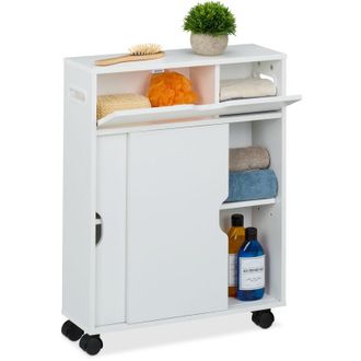 Relaxdays Relaxdays Chariot de niche, portes coulissantes, 67 x 17 x 52 cm, salle de bain, armoire &eacute;troit avec roulettes, blanc