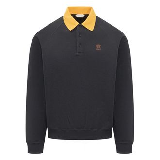 Versace Homme, Sweatshirts et sweats &agrave; capuche, Bleu, Taille: M SweaT-shirt polo en jersey de coton brod&eacute;