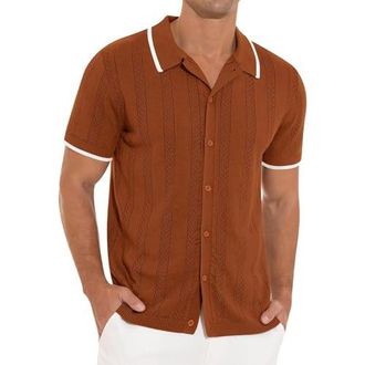 Generic Polo de golf &agrave; manches courtes en tricot vintage pour homme avec boutonni&egrave;re, manches courtes, cardigans vintage, haut de golf/plage couleur unie &agrave; ma