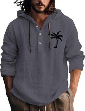 Generic Chemise en lin pour homme - Coton et lin - Sweat &agrave; capuche - Manches longues - Avec capuche - Boutonni&egrave;re - Couleur unie - Respirant - Confortable - C