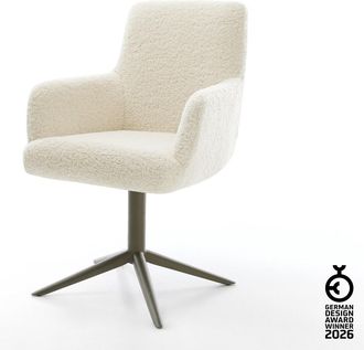 DELIFE Drehstuhl Heira-Flex mit Armlehnen Teddystoff Beige Fu&szlig;kreuz Effektfinish Titan 360&deg; drehbar Wippfunktion Taschenfederkern, Esszimmerst&uuml;hle
