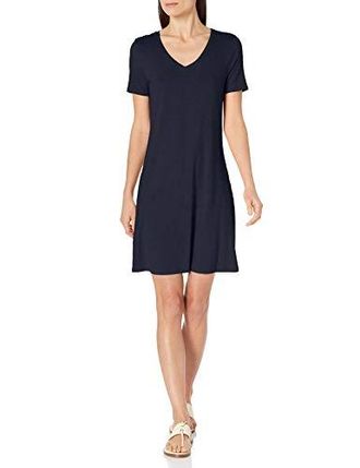 Amazon Essentials Robe Swing Coupe Classique à Manches Courtes et col en V Femme, Bleu Marine, XXL