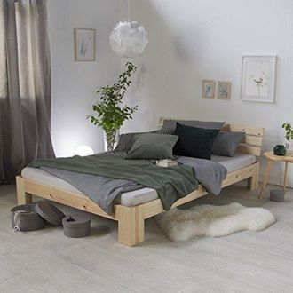 Homestyle4u Lit Double 160x200 avec sommier à Lattes Cadre de lit en Bois de pin Massif