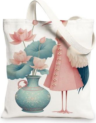 Generic Sacs fourre-tout en toile à motif floral élégant doiseau et de nénuphar, sacs de courses réutilisables, style vintage chic, sacs en toile légers et la