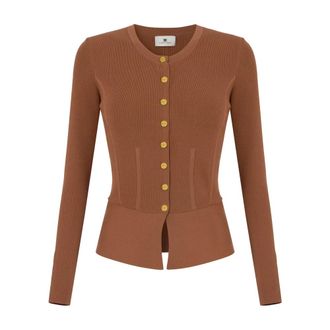 Elisabetta Franchi Femme, Pulls, Brun, Taille: 40 FR Cardigan Ajusté à Côtes avec Bretelles Rembourrées