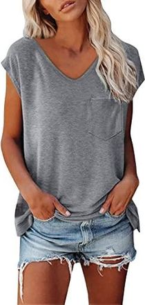 Generic Chemise unie à manches courtes pour femme - Chemisier à manches courtes et col en V - Couleur unie - Doux et ample - T-shirt dété pour femme - Vêtemen