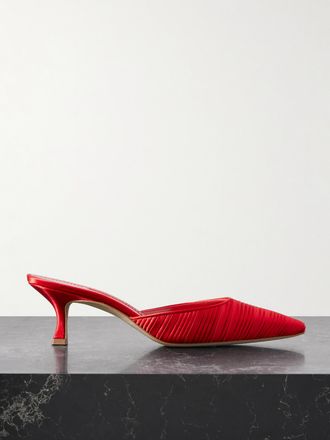 Manolo Blahnik Mules En Satin À Plis Et À Finitions En Cuir Carolyne 50 - Rouge
