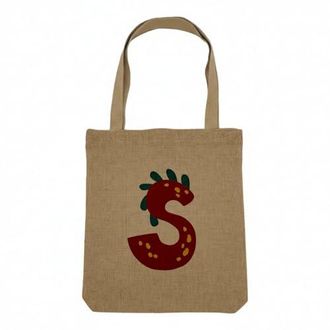 Fabulous Sac Shopping Tote Bag Aspect Lin - S Salome Samuel Lettre Pr&eacute;nom Dinosaure Dessin Enfant - Sac de Courses Toile Epaisse 360g Beige Naturel Cabas Port&eacute;