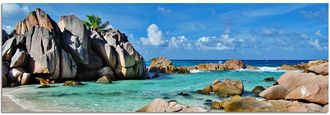 Paul Sinus Art Panoramabild auf Leinwand und Keilrahmen 150x50cm Seychellen Strand Meer Felsen