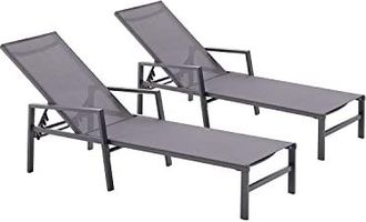 Concept Usine Lot de 2 Transats Ajustables accoudoirs | Bain de Soleil Chaise Longue Confortable | Bari Gris fonc&eacute; | Aluminium | Toile en PVC | Dossier R&eacute;glable 6 P
