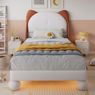 Generic Crlnaup Polsterbett, Einzelbett, Kinderbett, Katzenohren-Kopfteil, Farblich anpassbare LED-Lichtleiste unter dem Bett, Stabile Lattenroste, PU, Beige 