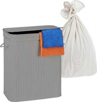 Relaxdays W&auml;schekorb mit Deckel, 3 F&auml;cher, Bambus, 105 l, faltbar, HxBxT: 63 x 52 x 32 cm, W&auml;sche Sortiersystem, grau