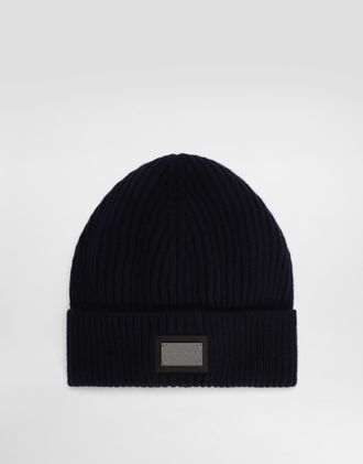 Dolce & Gabbana Mütze Wolle Und Kaschmir Mit Logoplakette - Mann Hüte Und Handschuhe Blau Wolle Onesize
