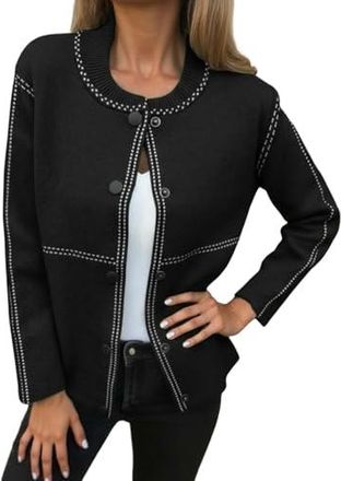 Generico Cardigan en tricot doux et confortable pour femme Cardigan à rayures oversize léger avec boutons à manches longues, Noir, 3XL