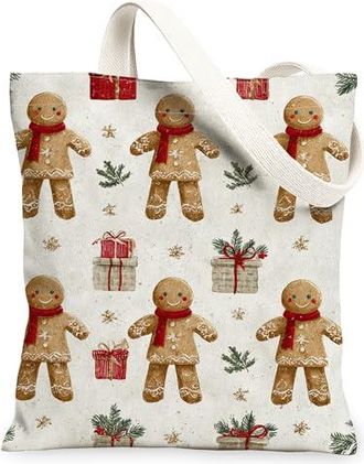 Generic Sacs fourre-tout en toile de No&euml;l motif pain d&eacute;pices, sacs r&eacute;utilisables, vintage, l&eacute;gers et lavables avec bandouli&egrave;re pour voyage, 33 x 38 cm